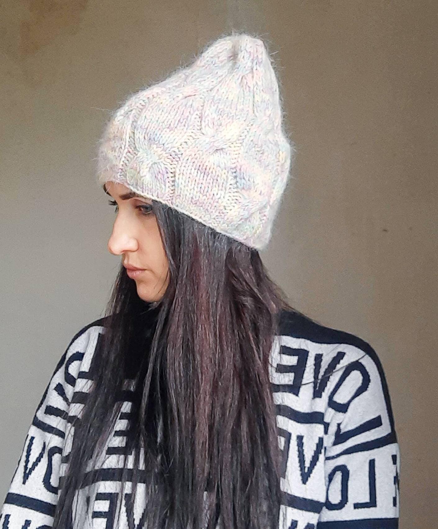 Pastel Rainbow Knit Angora Beanie Hat/angora Knitted Slouchy Beanie Hat ...