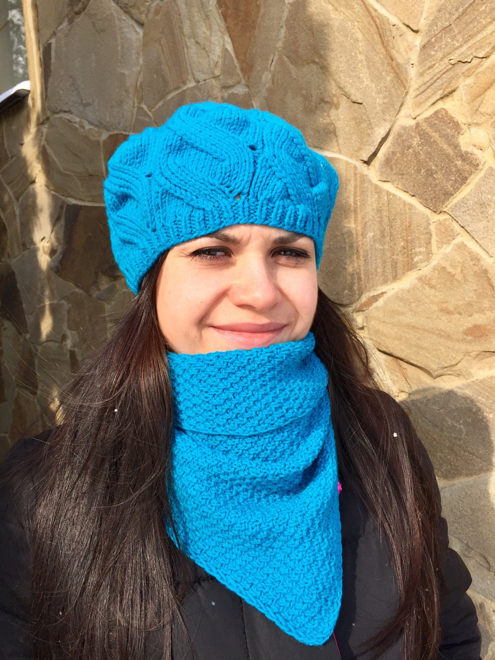 Turquoise Knit Wool Beret & Bactus Scarf Set - Etsy
