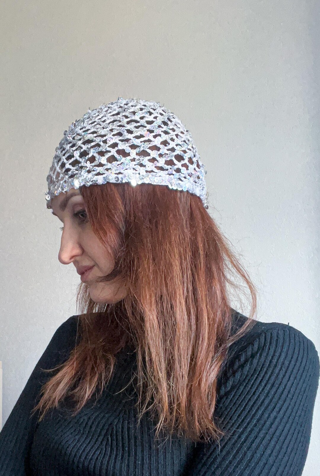 White Crochet Sequin Mesh Hat/croshet Lace Hat/white Crochet Net Hat ...