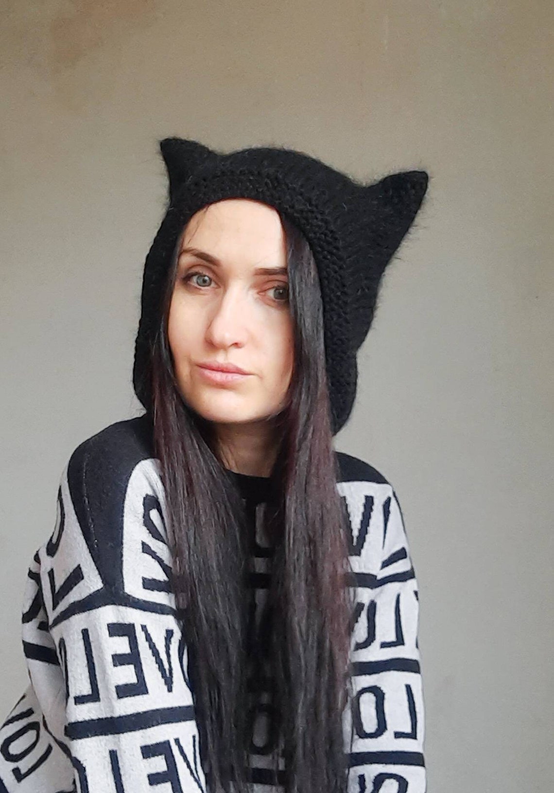 Cat Ears Knit Adult Bonnet/kitty Black Knit Angora Bonnet Adult/kitty ...