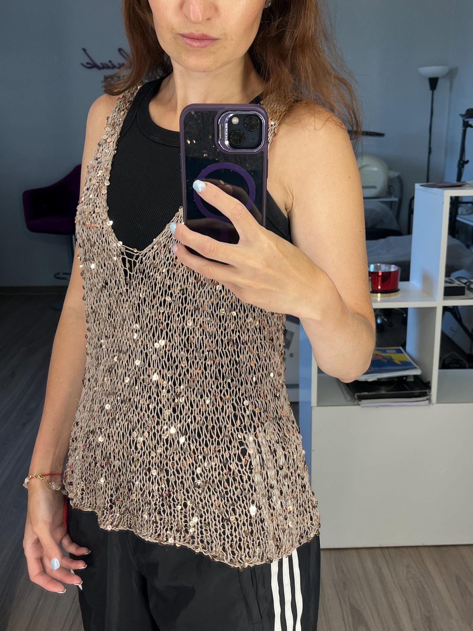 Gold Beige Knit Mesh Sequins Top/knit Sequin Crop Top/cotton Knit ...