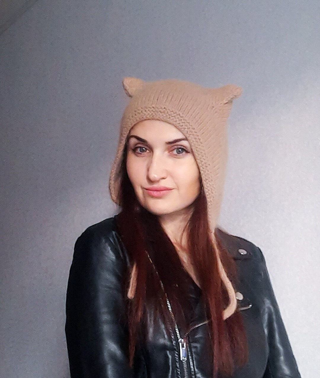 Beige Knit Bonnet Adult Hat/cat Ears Knitted Adult Bonnet/cat Ear Knit ...