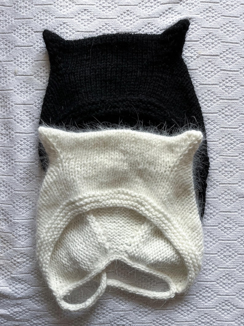 Cat Ears Knit Adult Bonnet/kitty Black Knit Angora Bonnet Adult/white ...