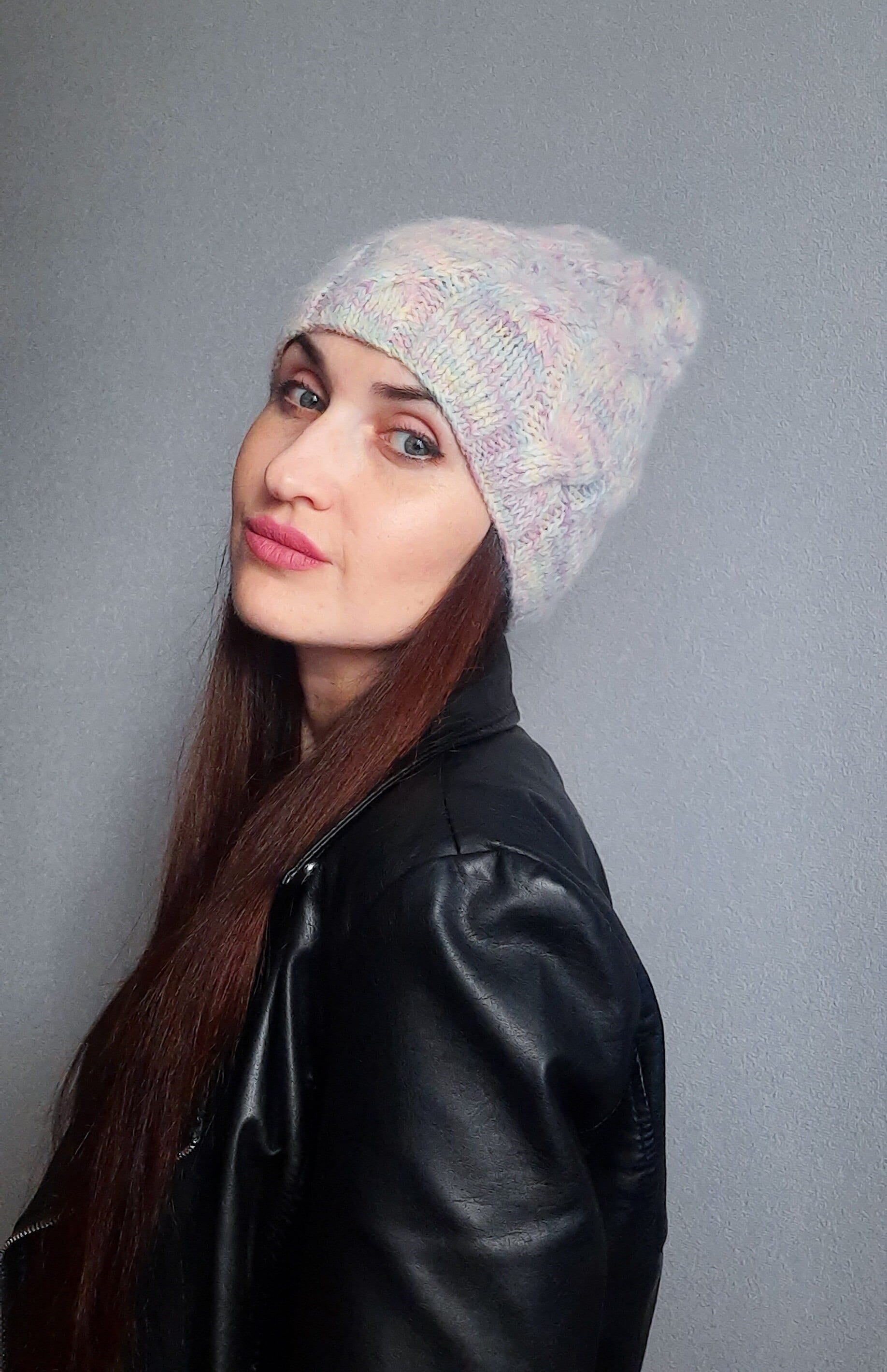 Pastel Rainbow Knit Angora Beanie Hat/angora Knitted Slouchy Beanie Hat ...