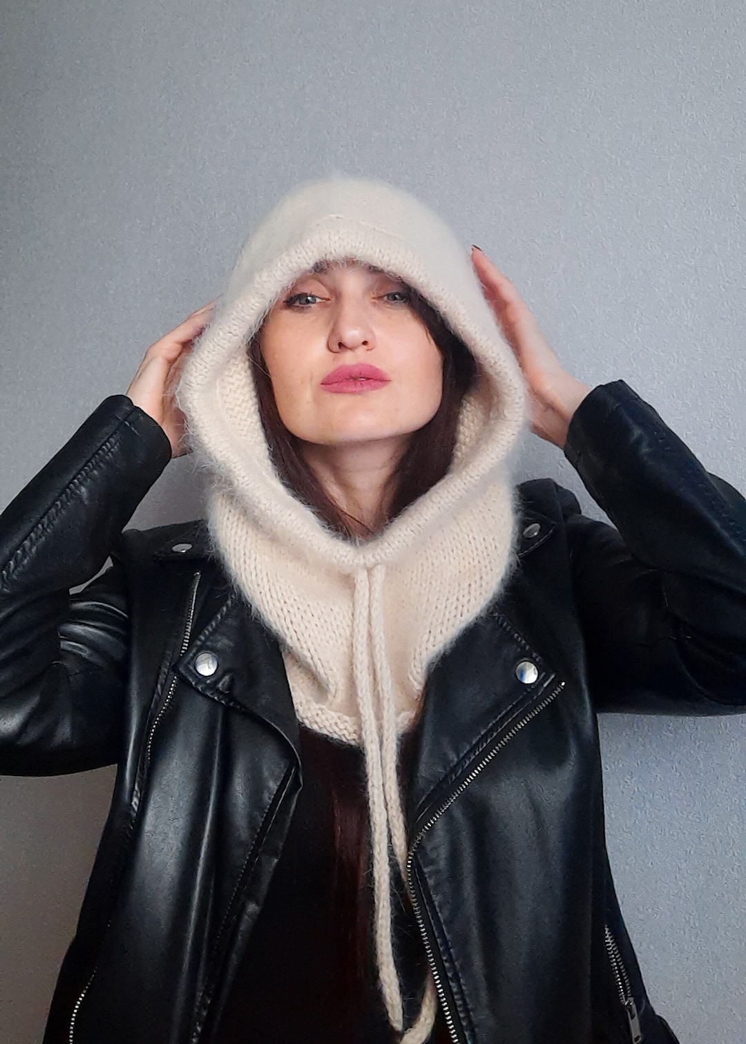 Light Beige Knitted Angora Hood/cream Color Knit Angora Hood/angora ...