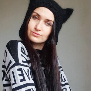 Cat Ears Knit Adult Bonnet/kitty Black Knit Angora Bonnet Adult/kitty ...