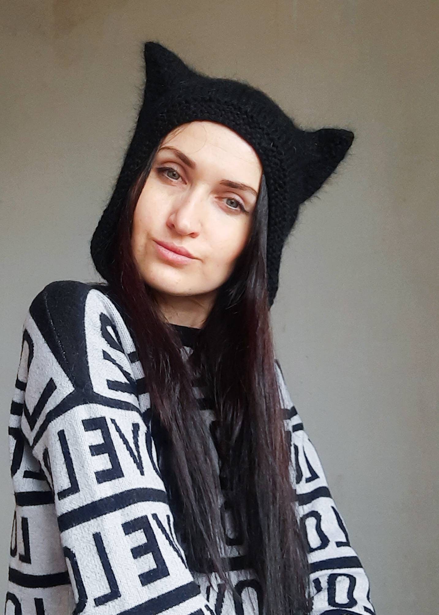 Cat Ears Knit Adult Bonnet/kitty Black Knit Angora Bonnet Adult/white ...