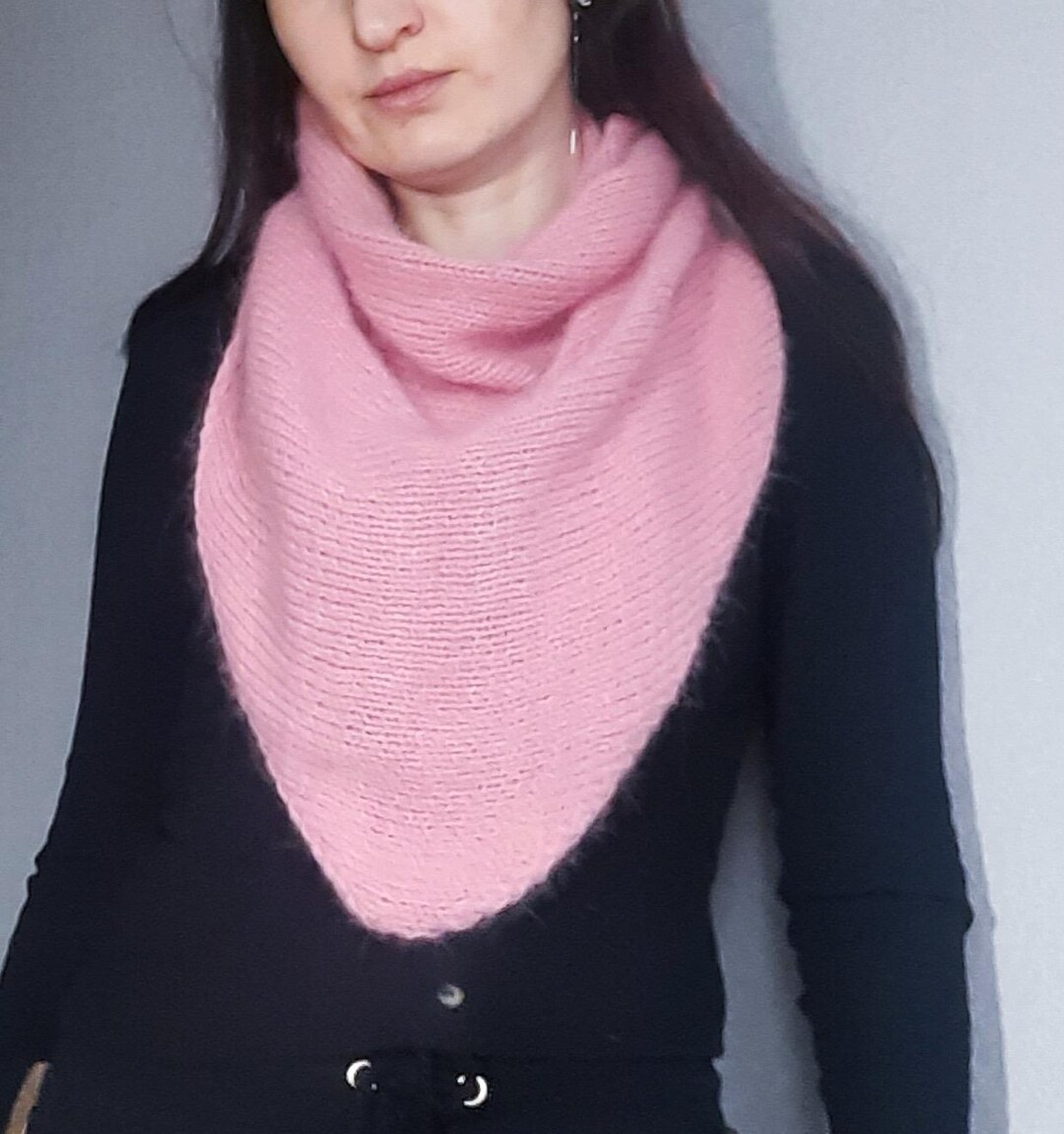 Pink Angora Knit Triangle Scarf/angora Knit Baktus/knitted Triangle ...