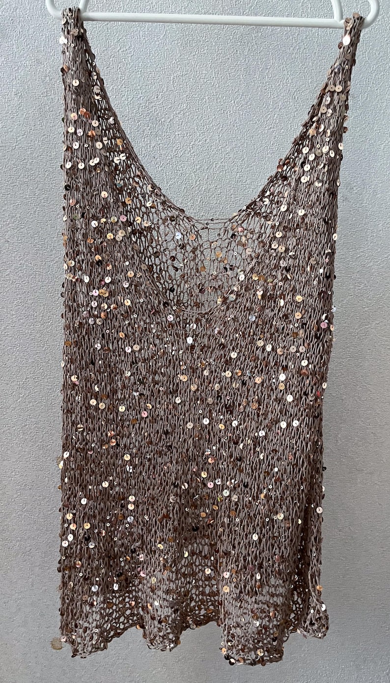 Gold Beige Knit Mesh Sequins Top/knit Sequin Crop Top/cotton Knit ...