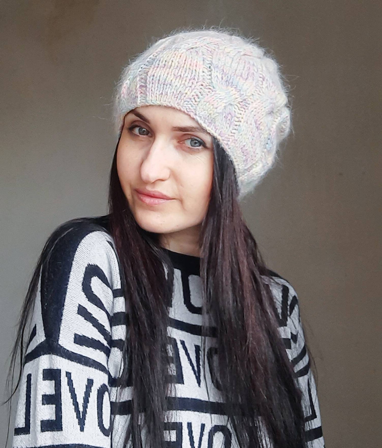 Pastel Rainbow Knit Angora Beanie Hat/angora Knitted Slouchy Beanie Hat ...