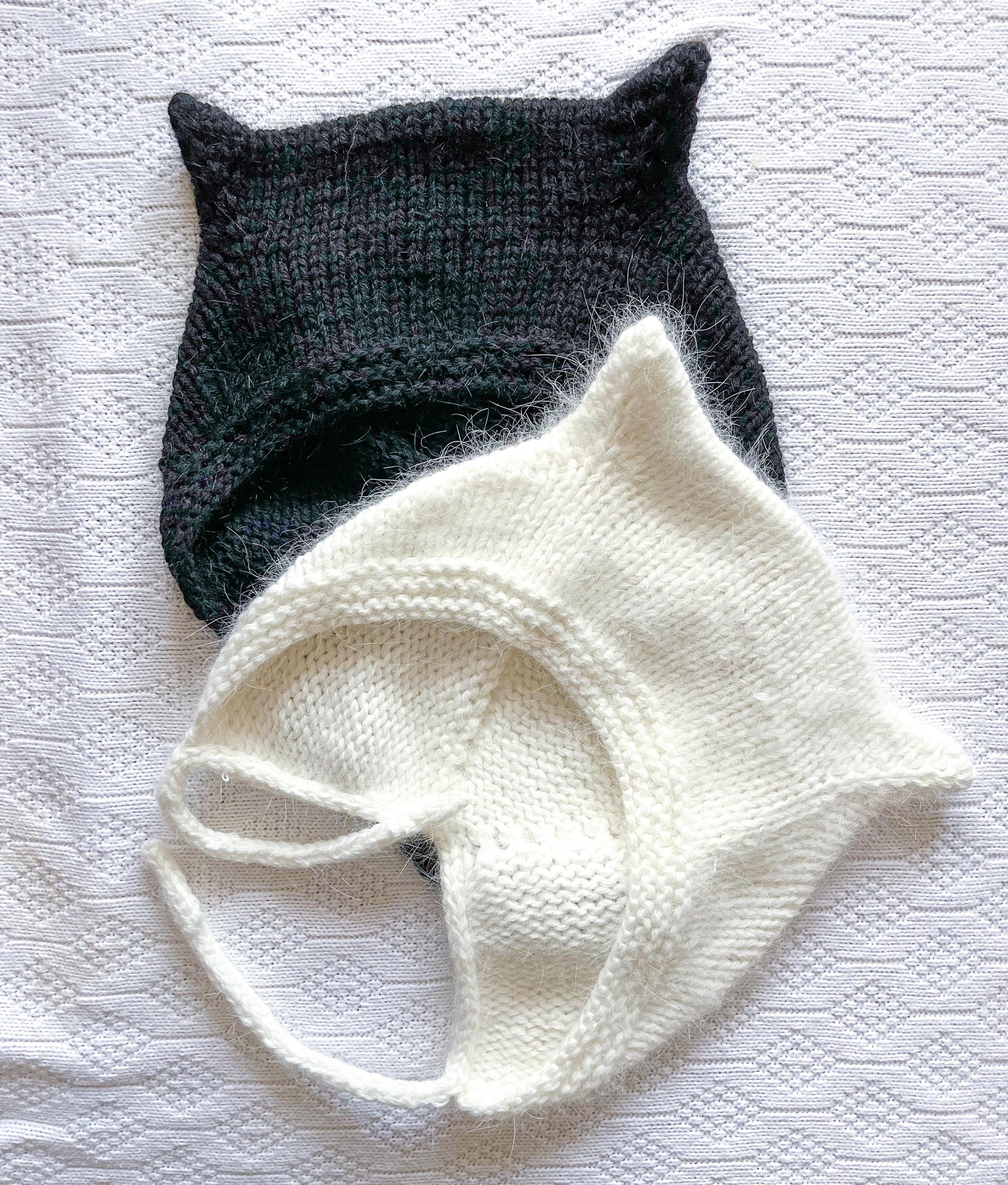 Cat Ears Knit Adult Bonnet/kitty Black Knit Angora Bonnet Adult/white ...