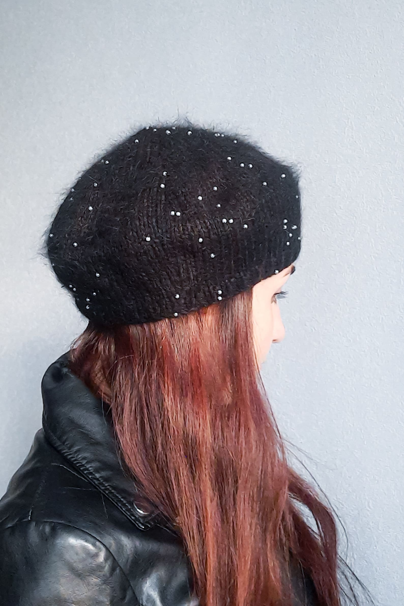 Black Knit Angora Beret/black Knit Beret With Beads/angora Knitted ...