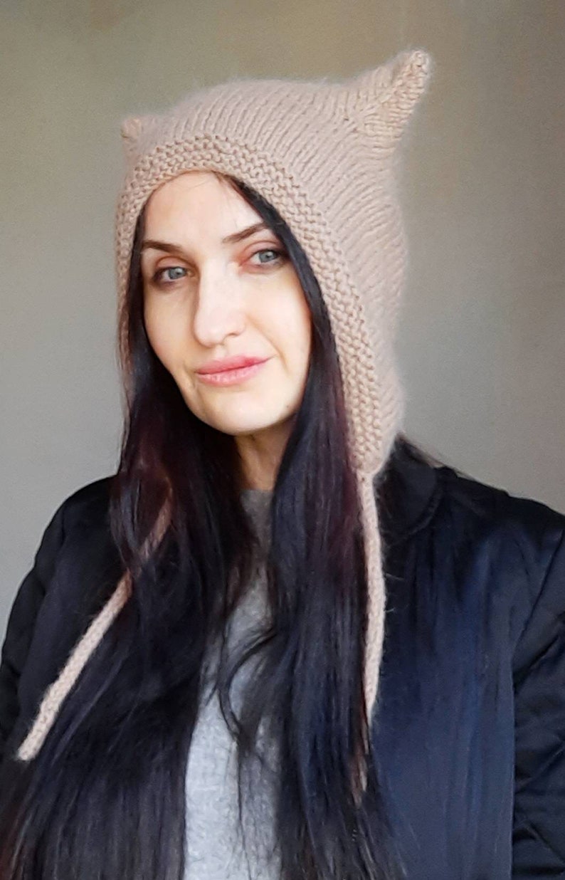 Knit Kitty Adult Bonnet/cat Ears Bonnet Adult/angora Knitted Bonnet Hat ...