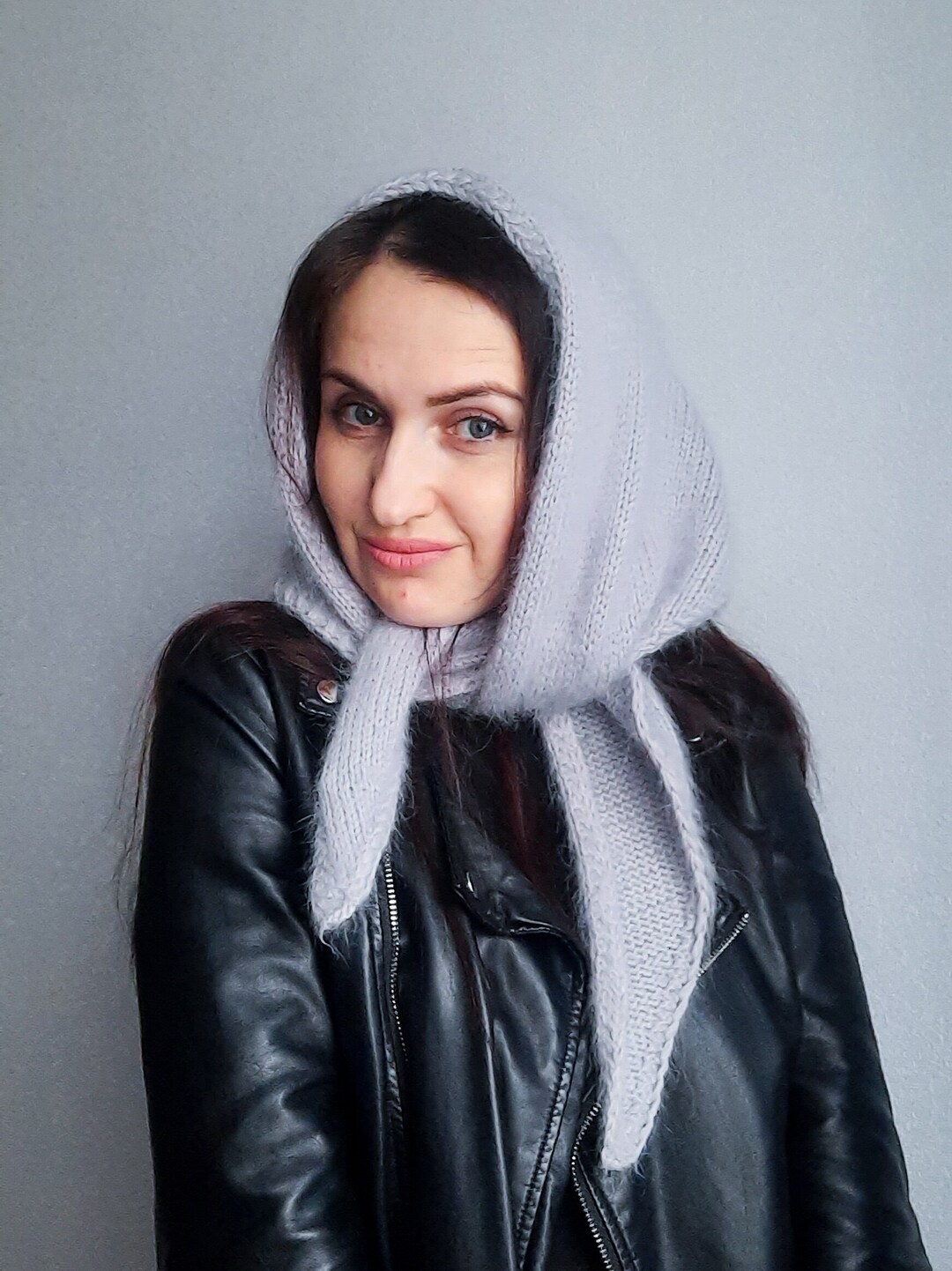 Angora Knit Triangle Scarf/angora Knit Baktus/gray Knitted Triangle ...