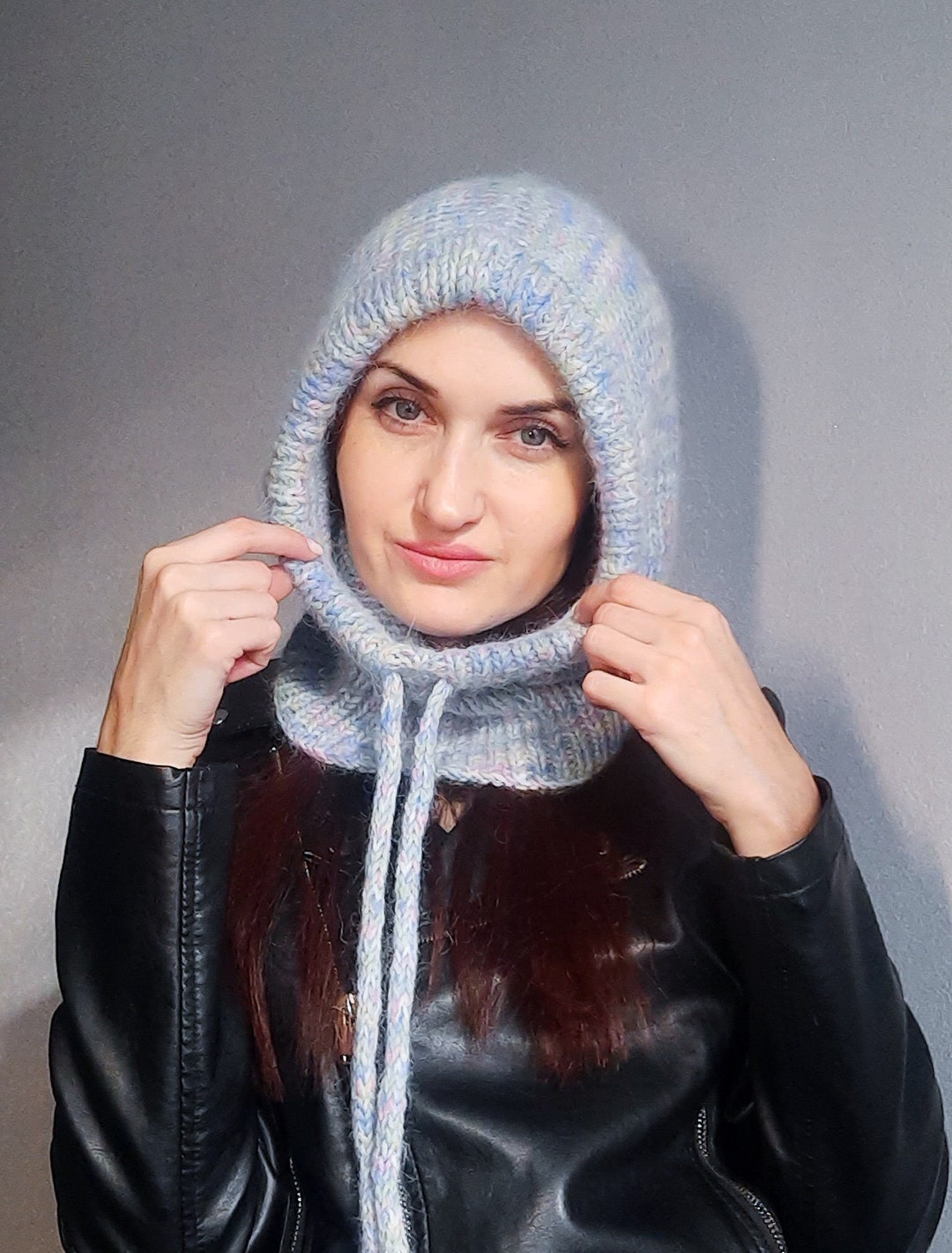 Knit Angora Hood/pastel Blue Knit Angora Balaclava/blue Melange Knitted ...