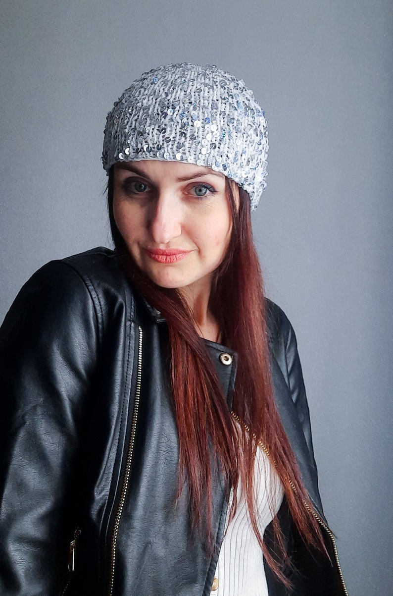 White Sequins Knit Beanie Hat/white Shiny Knit Cotton Beany/knit Cotton ...