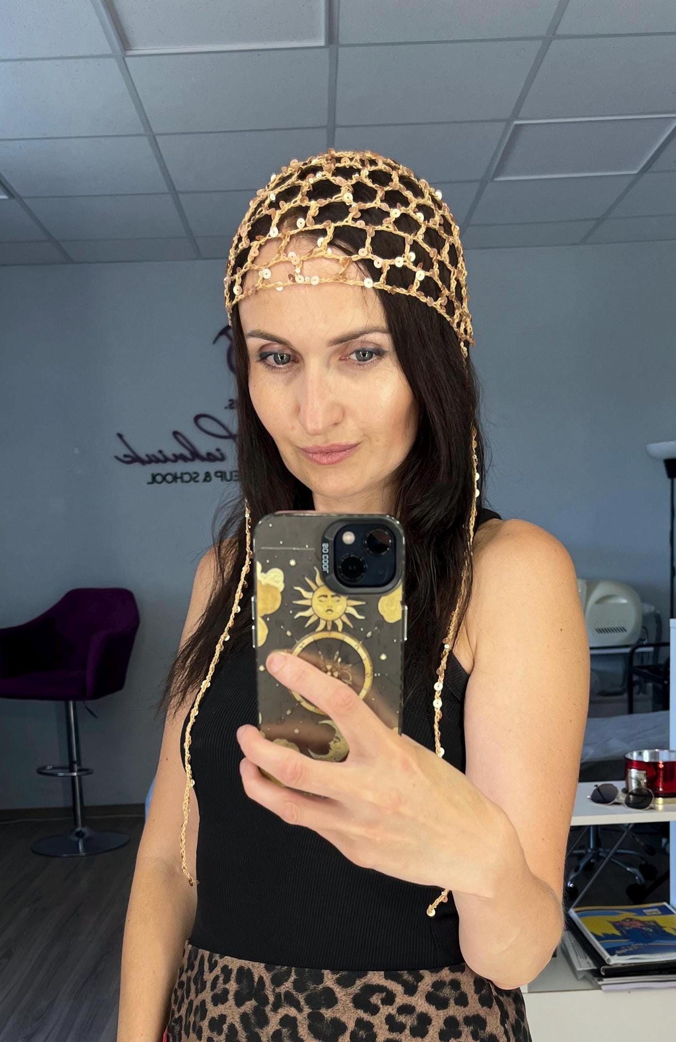 Beige Gold Crochet Sequin Beanie Hat/golden Crochet Mesh Hat/crochet ...