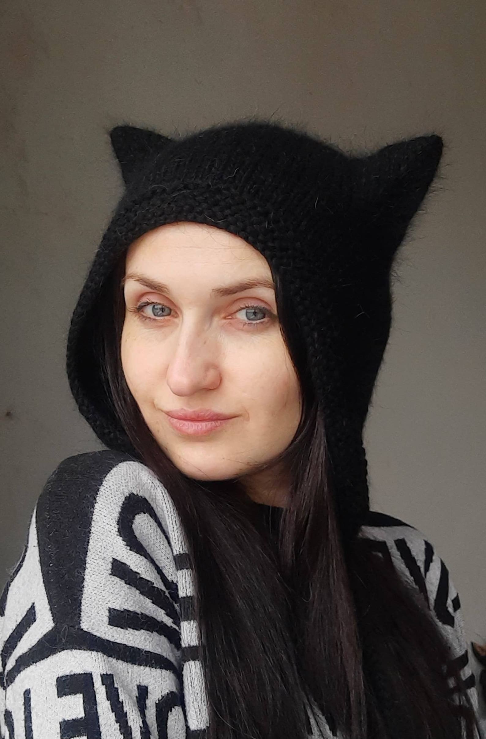 Cat Ears Knit Adult Bonnet/kitty Black Knit Angora Bonnet Adult/kitty ...