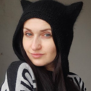 Cat Ears Knit Adult Bonnet/kitty Black Knit Angora Bonnet Adult/kitty ...