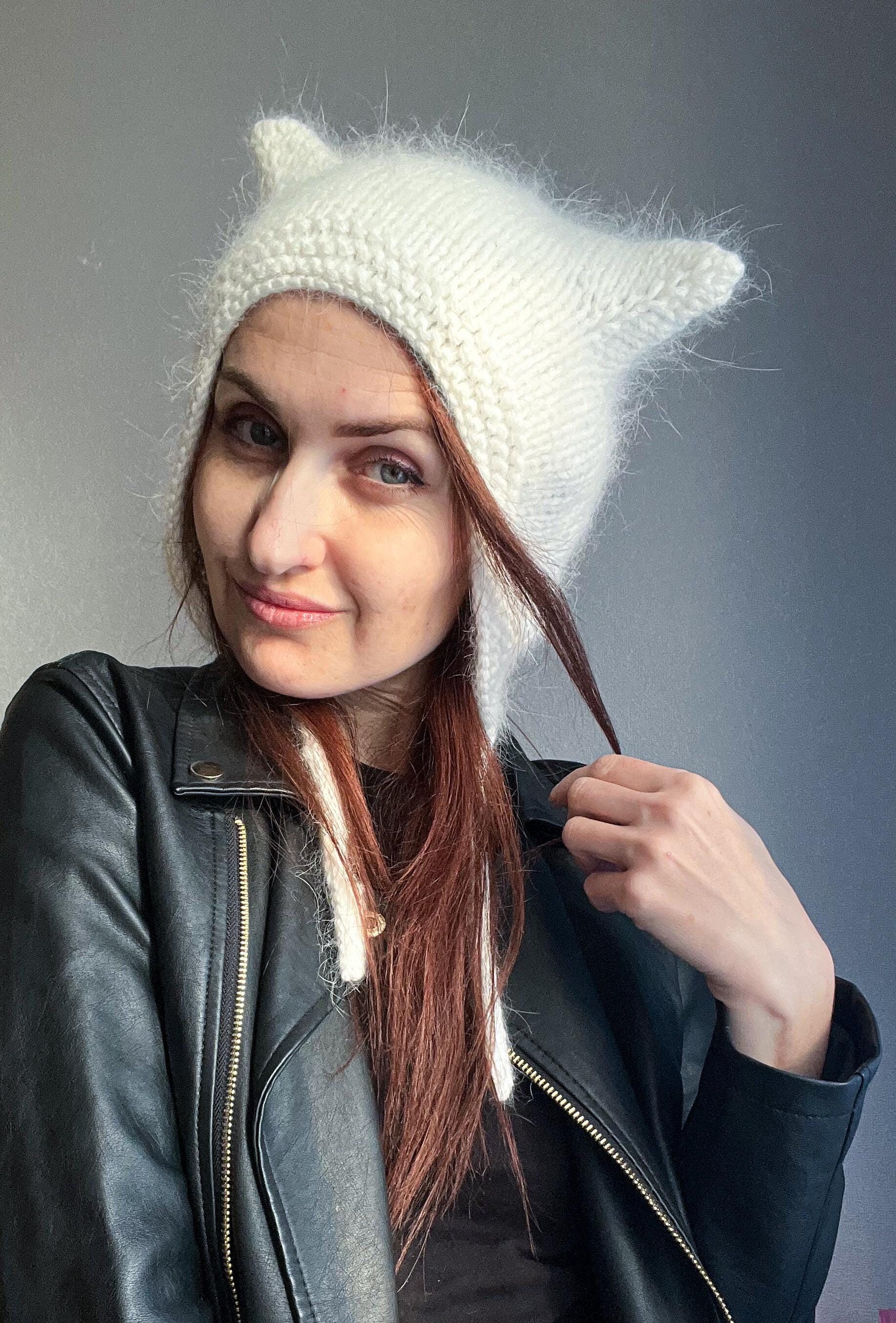 White Cat Ears Knit Adult Bonnet/kitty White Knit Angora Bonnet Adult ...