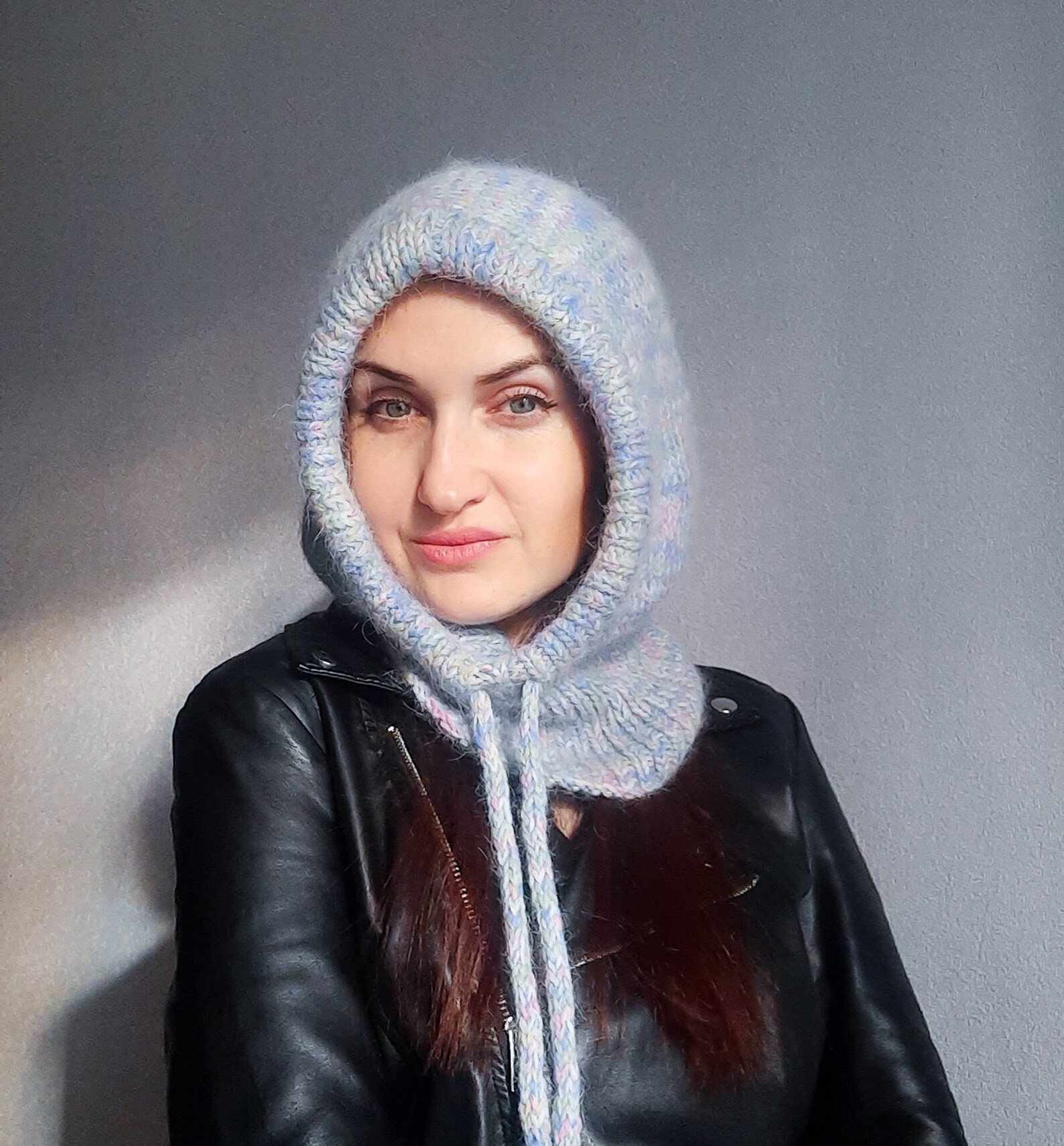 Knit Angora Hood/pastel Blue Knit Angora Balaclava/blue Melange Knitted ...