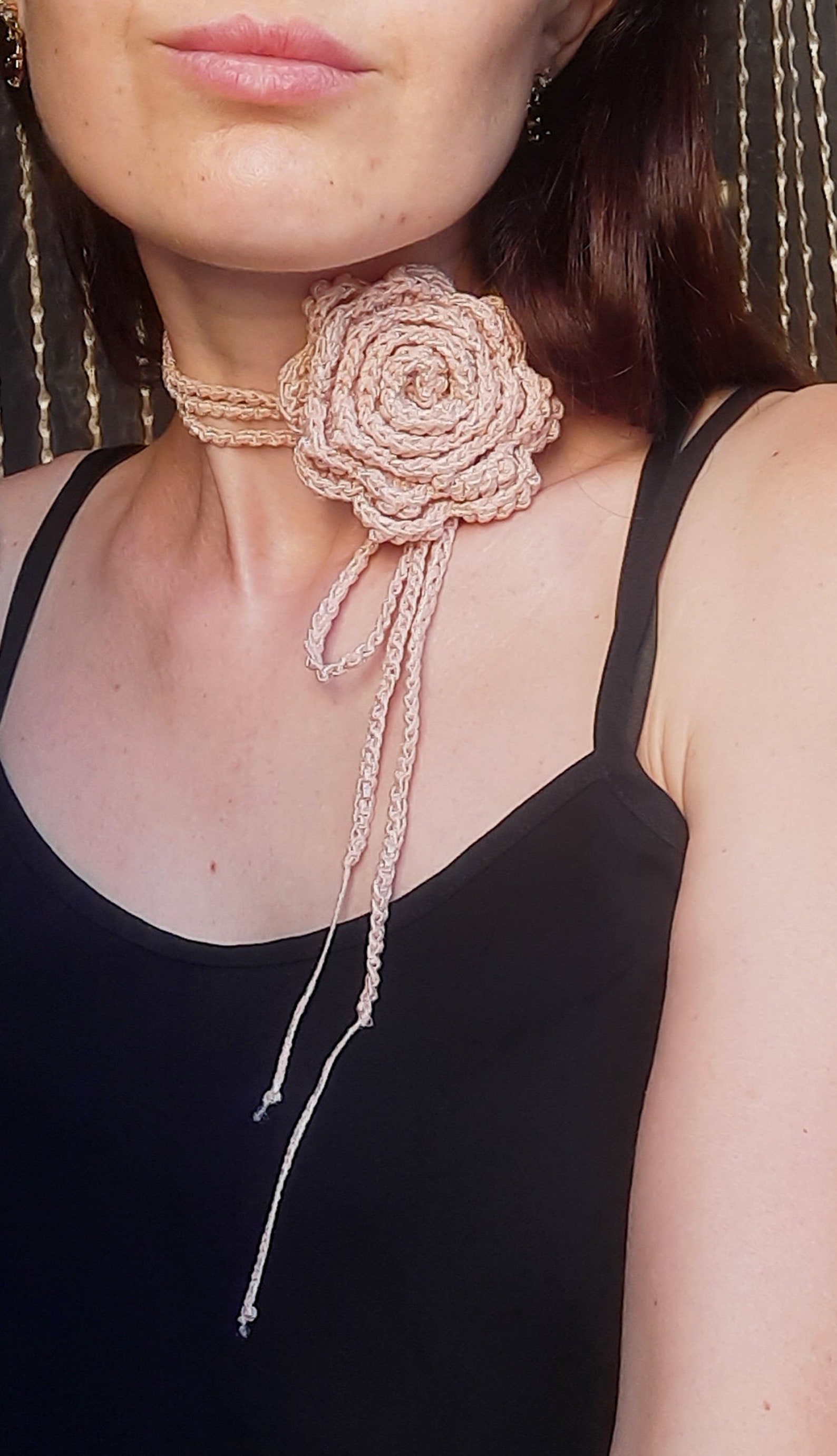 Nude Rose Crochet Choker/powdre Crochet Rose Necklace/crochet Rose ...