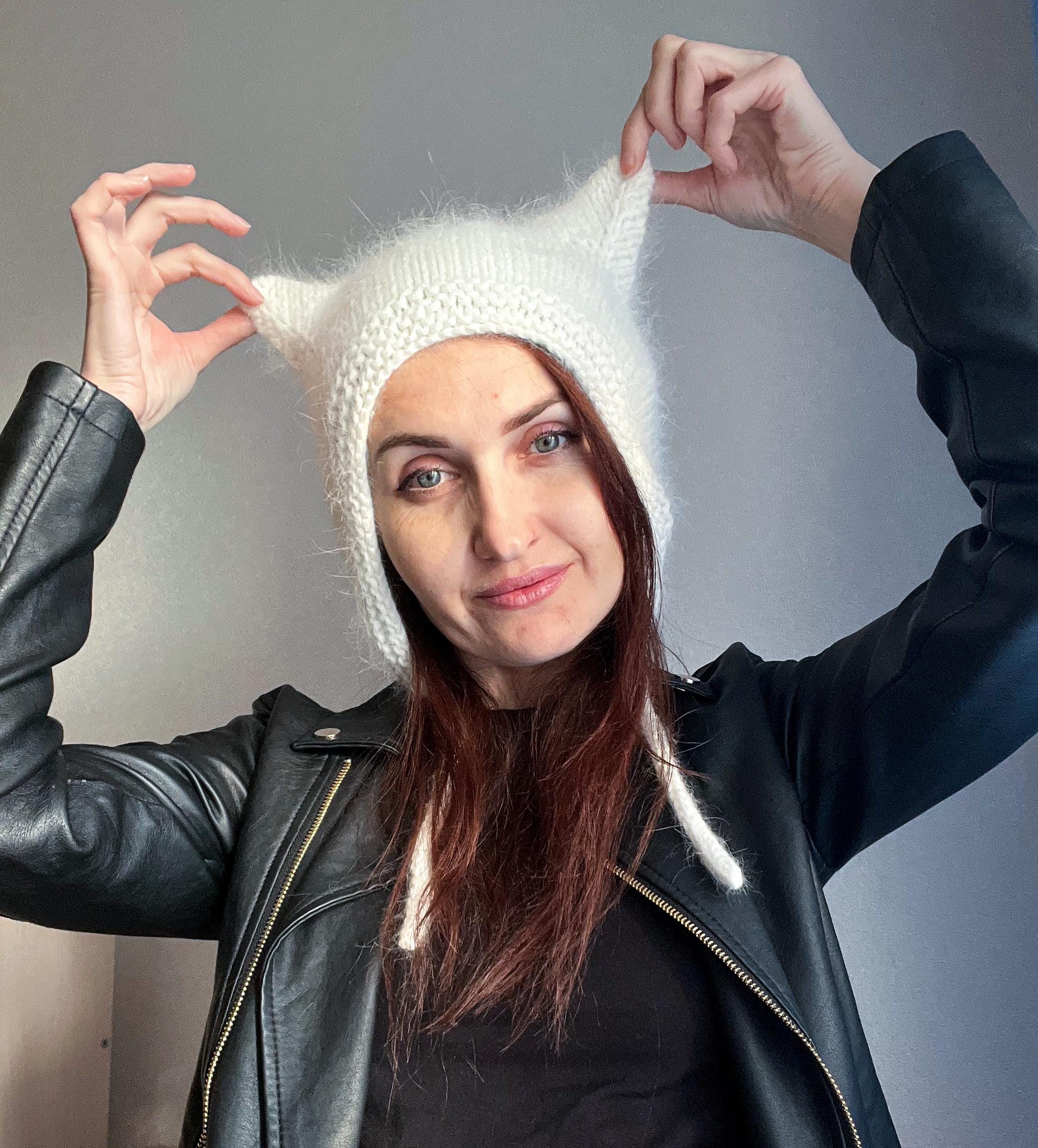 White Cat Ears Knit Adult Bonnet/kitty White Knit Angora Bonnet Adult ...