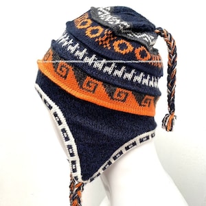 Blue With Orange Unisex Peruvian Alpaca Hat Chullo With Earflaps 100% ...