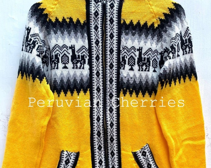 Yellow Alpaca Sweater, Unisex Alpaca Sweater Cardigan, Peruvian Style ...