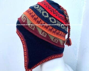 Blue Unisex Peruvian Alpaca Hat Chullo With Earflaps 100% Lining Soft ...