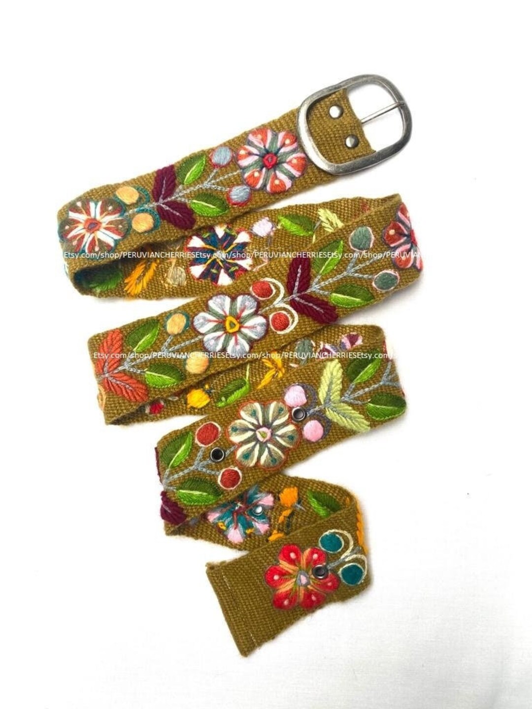 Hand Embroidered Belt Green Olive Floral Colorful Peruvian Embroidered ...