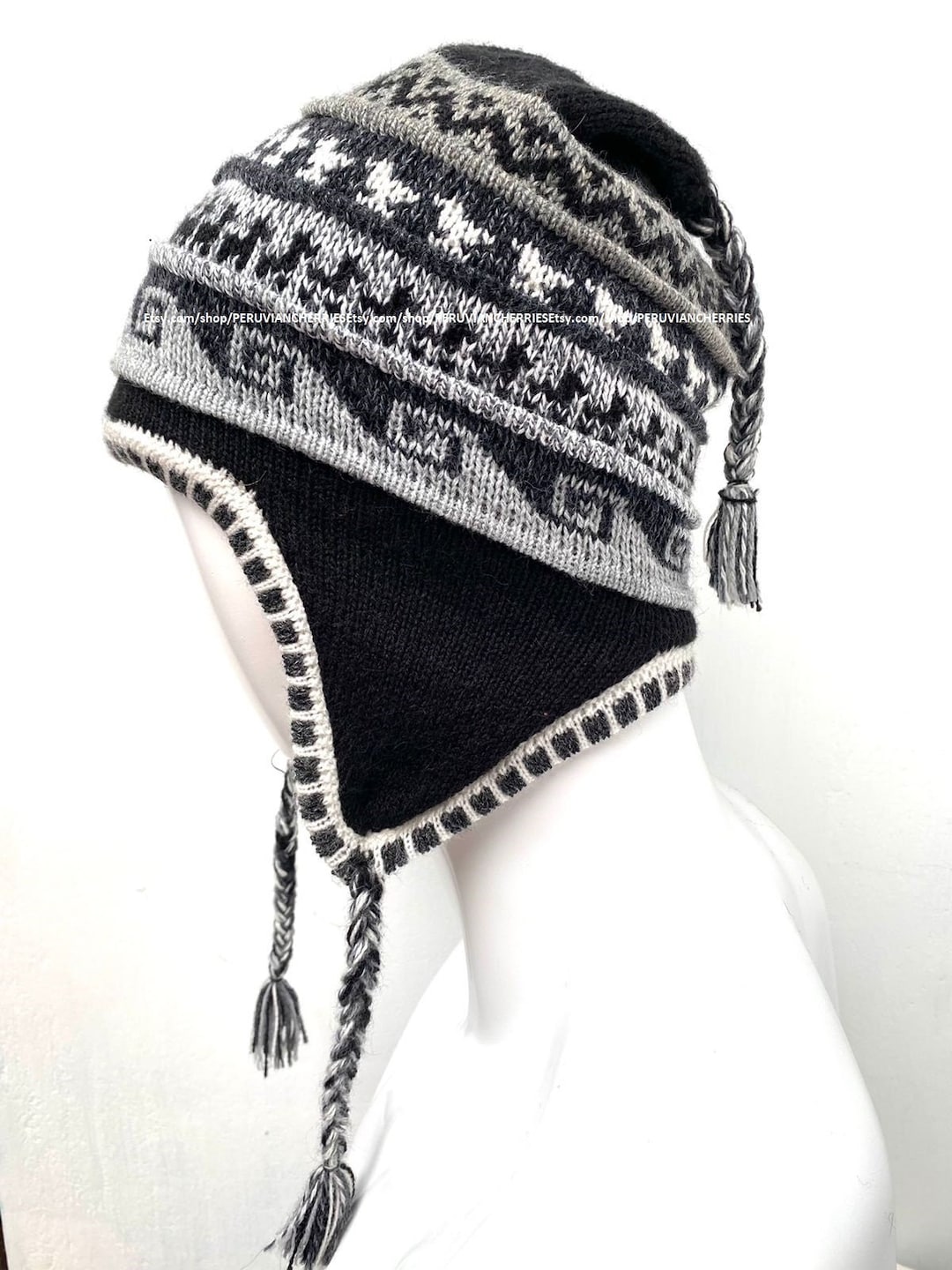Black Unisex Peruvian Alpaca Hat Chullo With Earflaps 100% Lining Soft ...