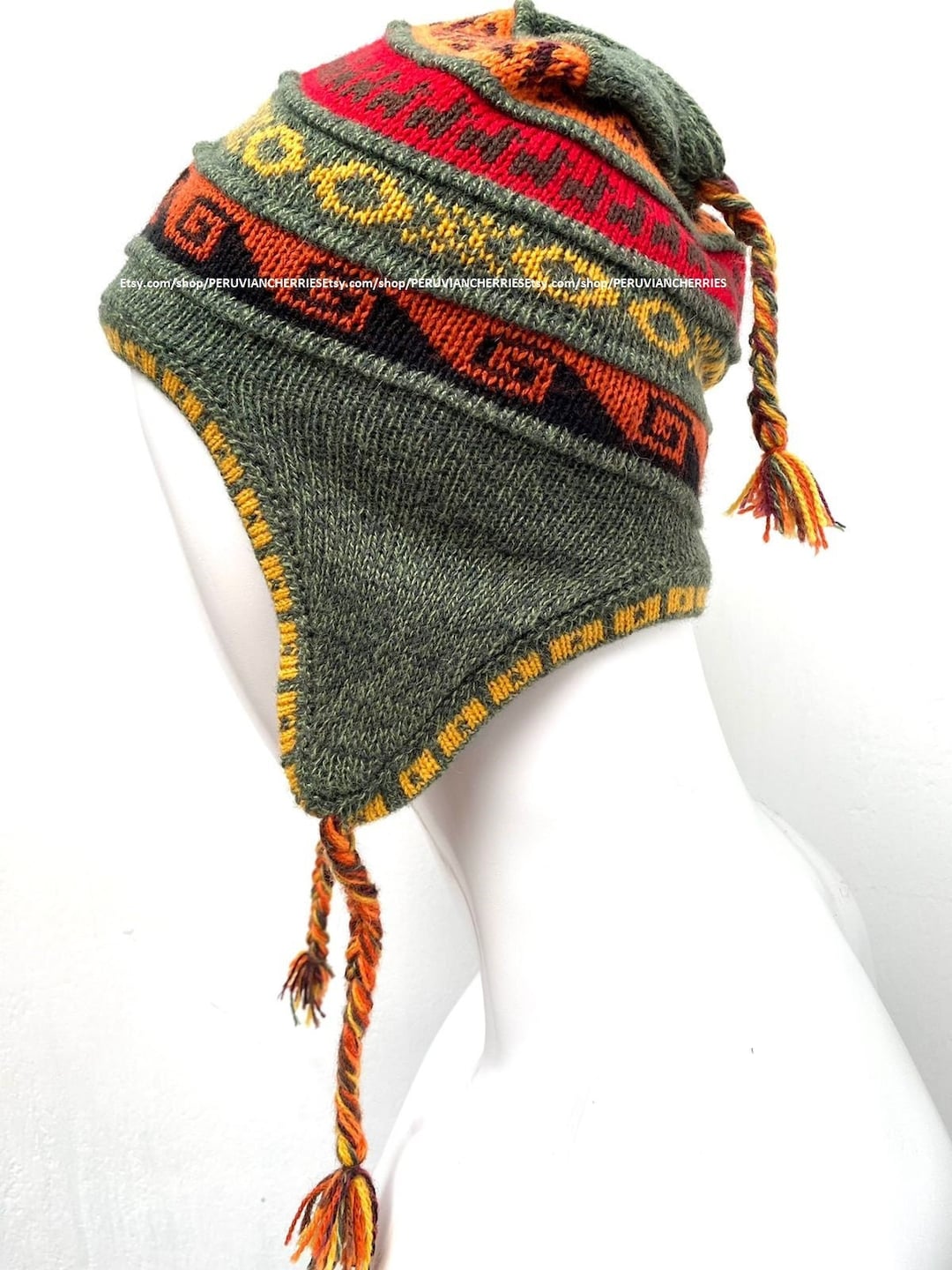 Hash Green Unisex Peruvian Alpaca Hat Chullo With Earflaps 100% Lining ...