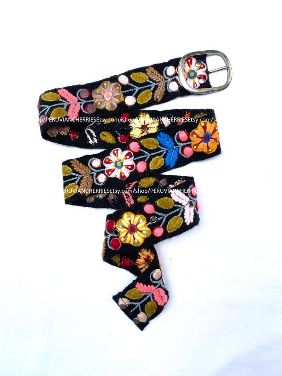 Hand Embroidered Belt Floral Natural Black Colorful Peruvian ...