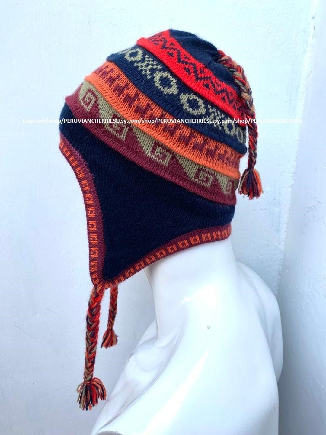 Dark Blue With Red Unisex Peruvian Alpaca Hat Chullo With Earflaps 100% ...