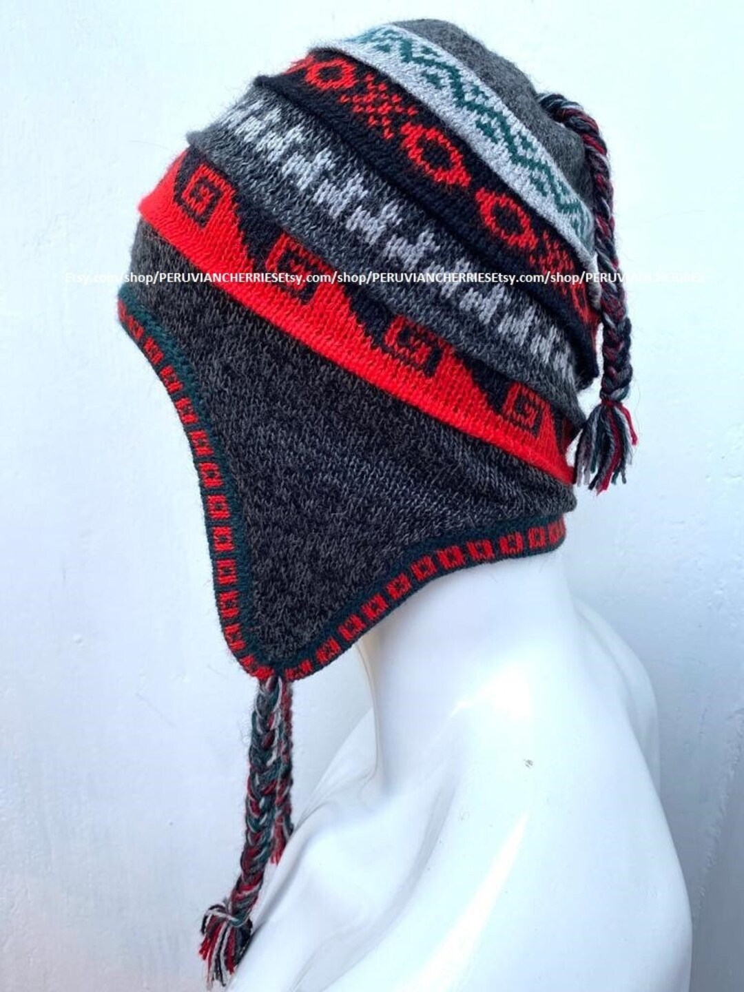 Dark Gray With Red Unisex Peruvian Alpaca Hat Chullo With Earflaps 100% ...