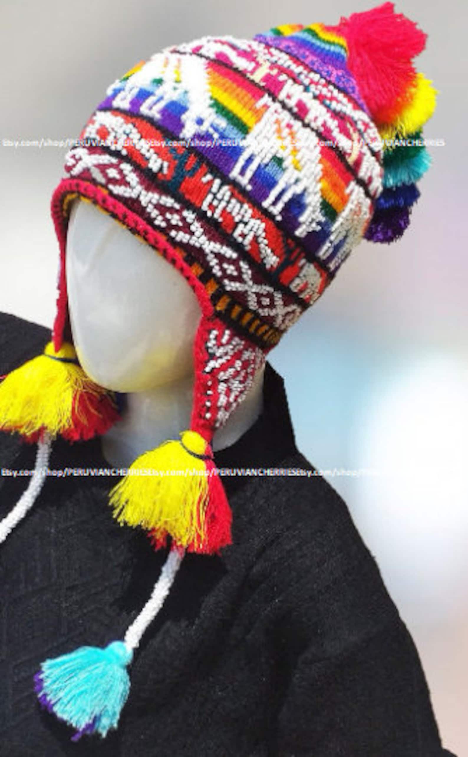 Peruvian Chullo With Beads Pom Pom Colorful Unisex Wool - Etsy