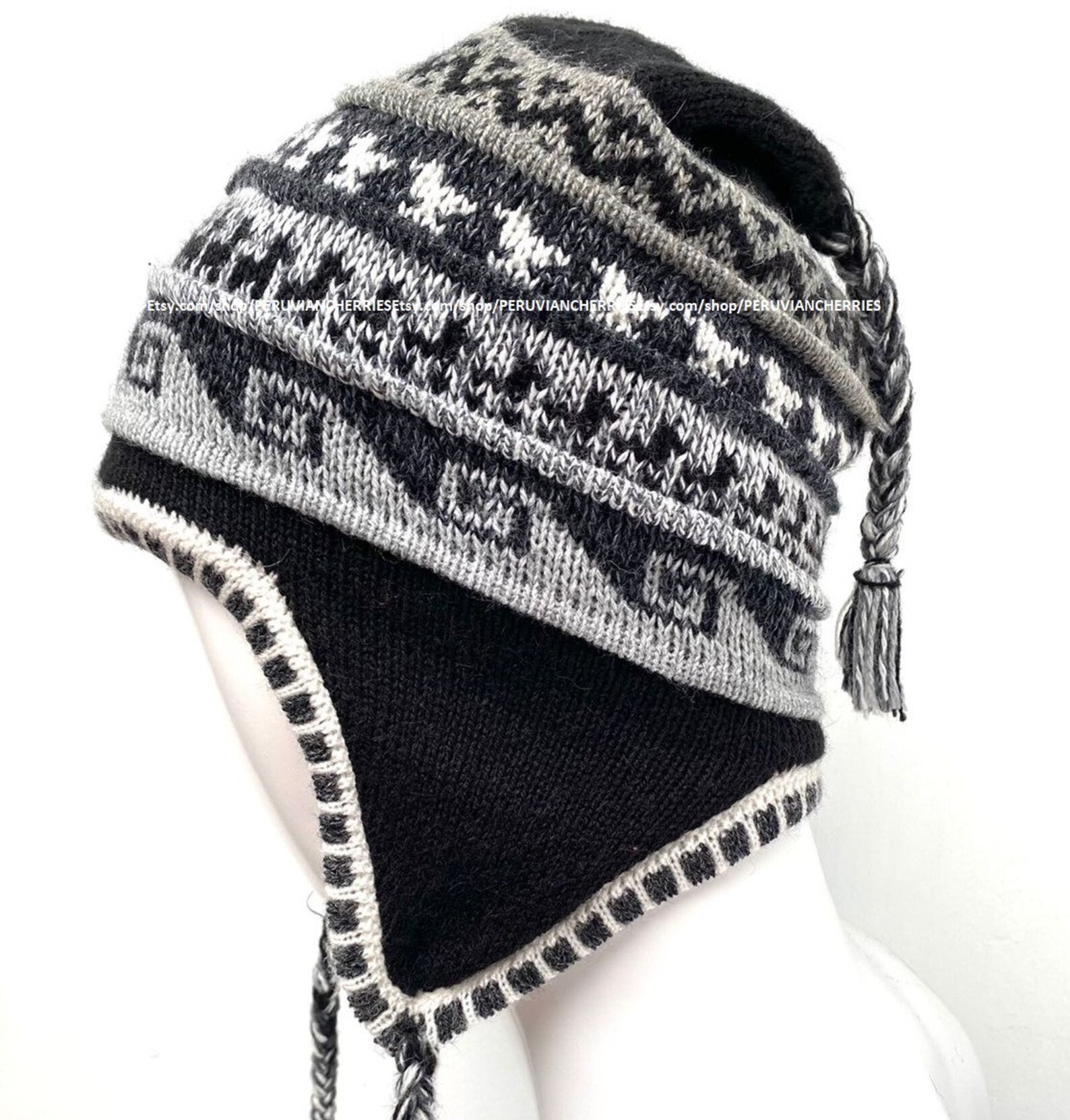 Black Unisex Peruvian Alpaca Hat Chullo With Earflaps 100% - Etsy