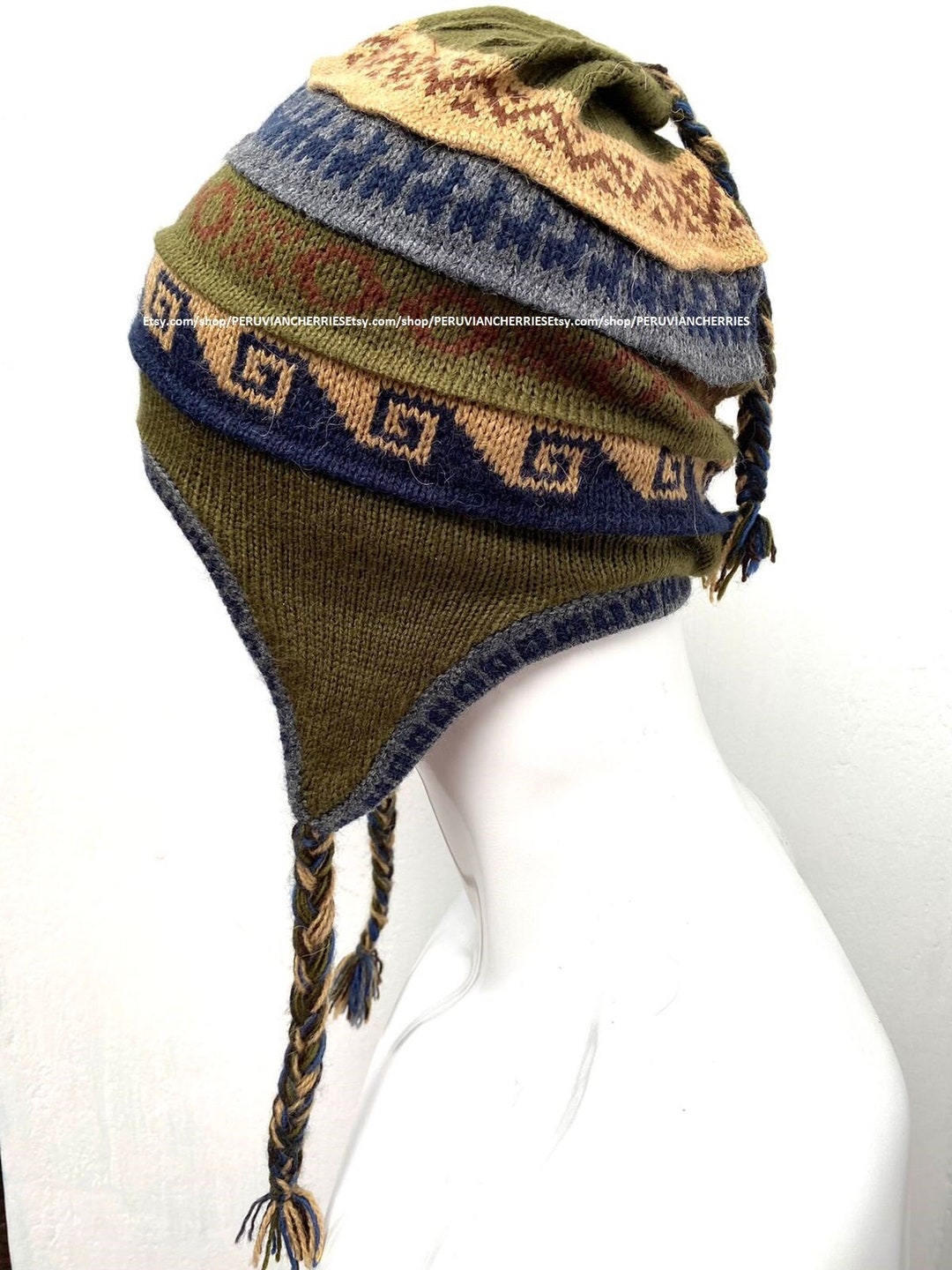 Green Military With Red Unisex Peruvian Alpaca Hat Chullo With Earflaps ...