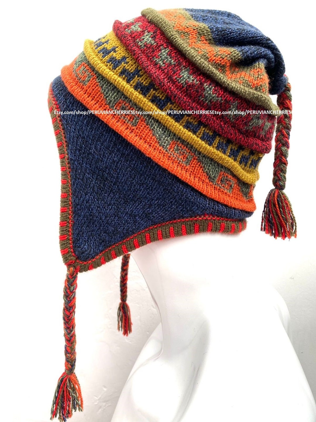 Blue With Orange Unisex Peruvian Alpaca Hat Chullo With Earflaps 100% ...