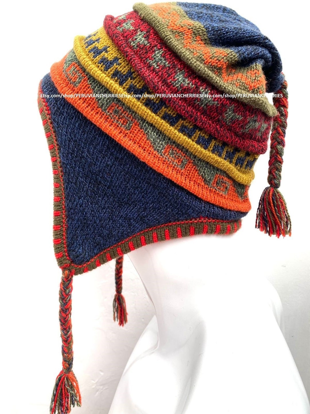 Blue With Orange Unisex Peruvian Alpaca Hat Chullo With Earflaps 100% ...