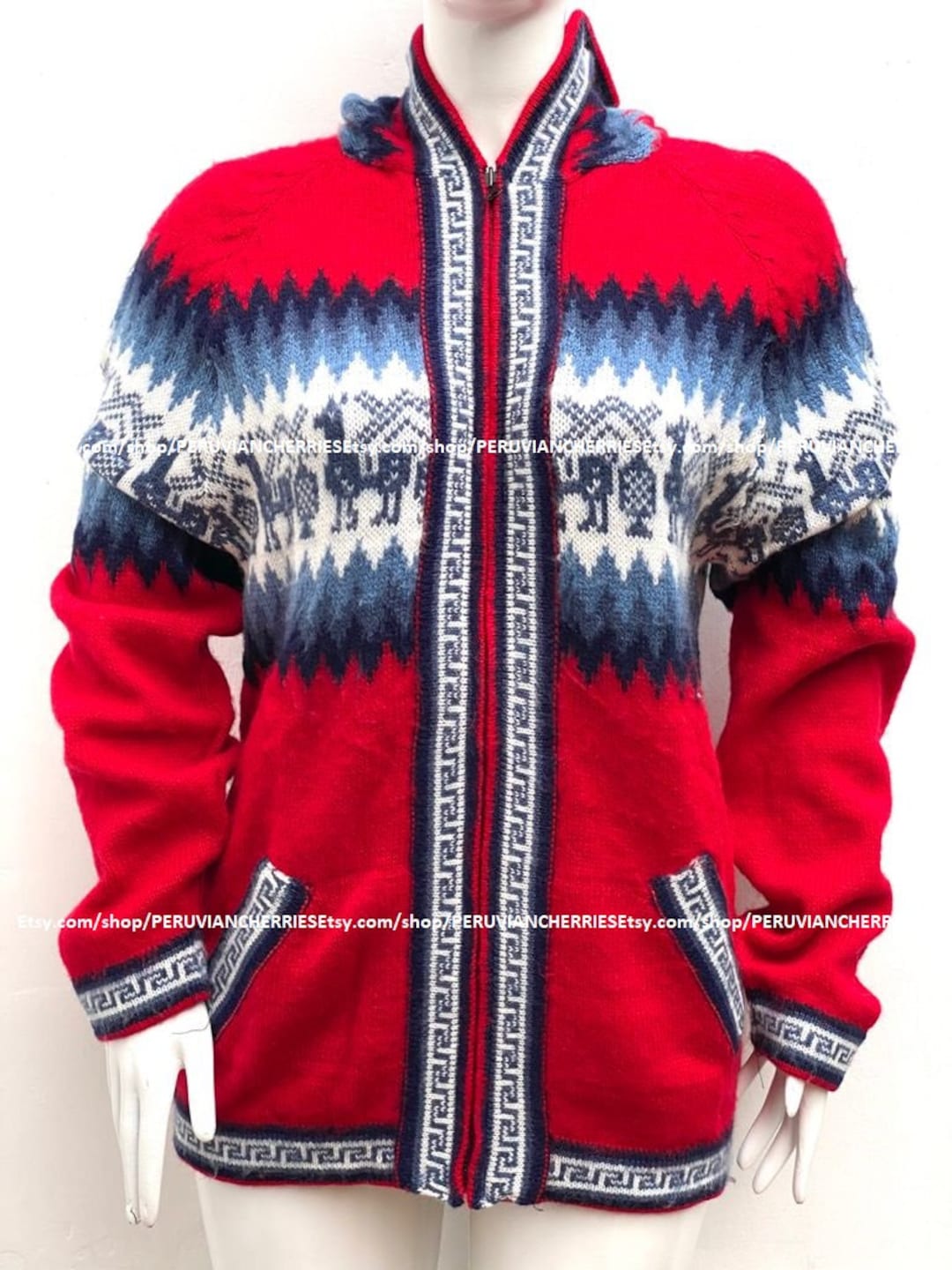 Red Alpaca Sweater, Unisex Alpaca Sweater Cardigan, Peruvian Style ...