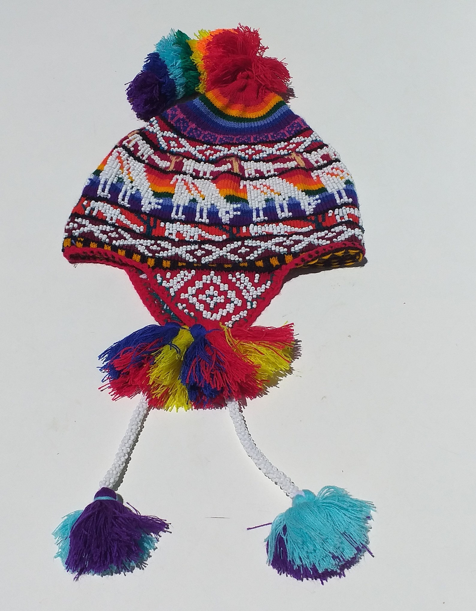 Peruvian Chullo with beads Pom Pom Colorful unisex wool | Etsy
