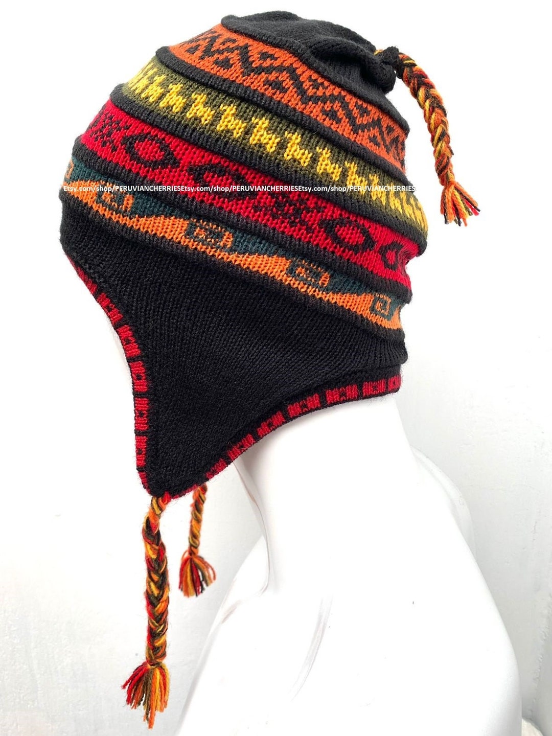 Black With Red Unisex Peruvian Alpaca Hat Chullo With Earflaps 100% ...