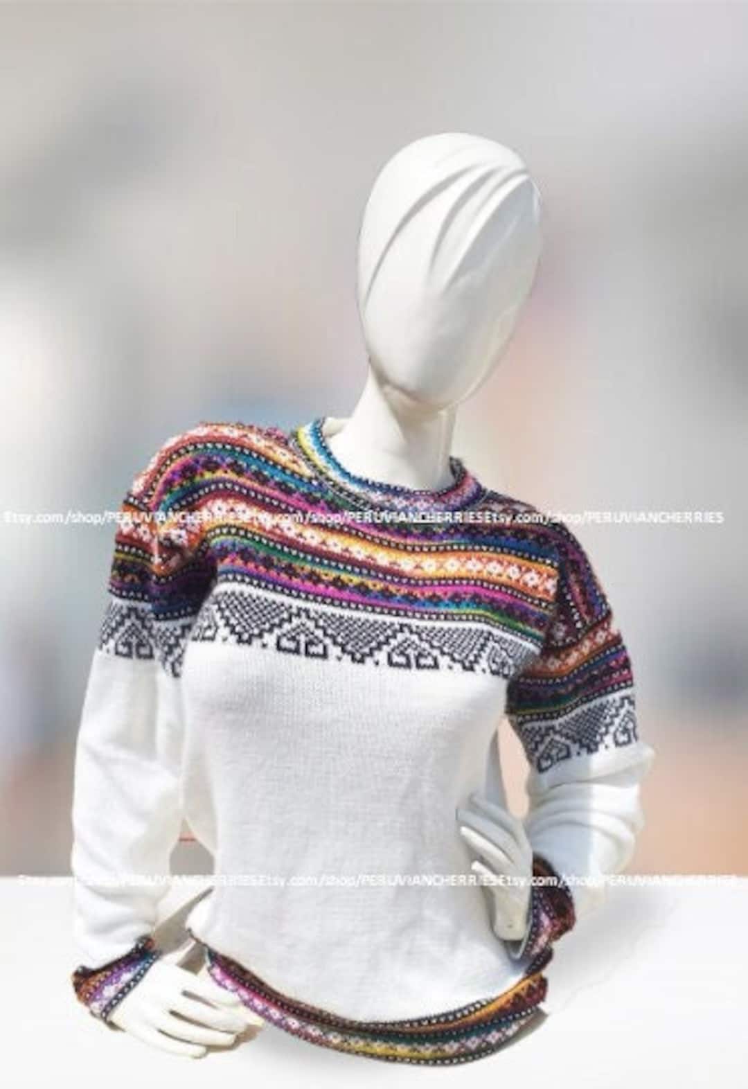 Weißer Ethno Boho Alpaka Wolle Unisex Pullover, Wollpullover ...