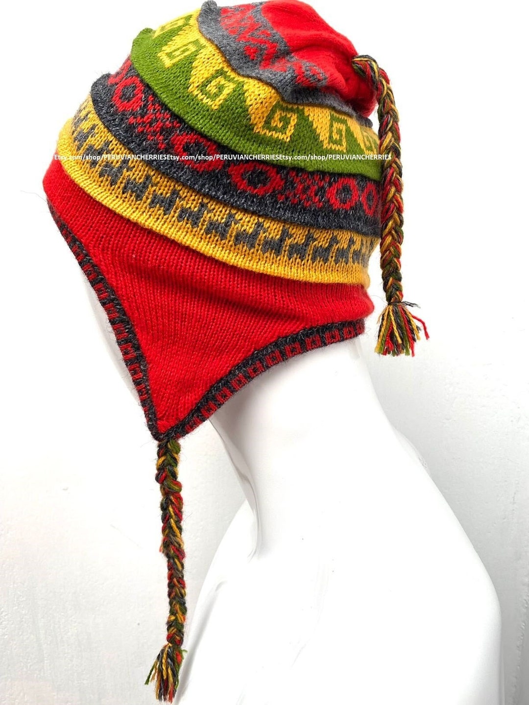 Red With Green Unisex Peruvian Alpaca Hat Chullo With Earflaps 100% ...