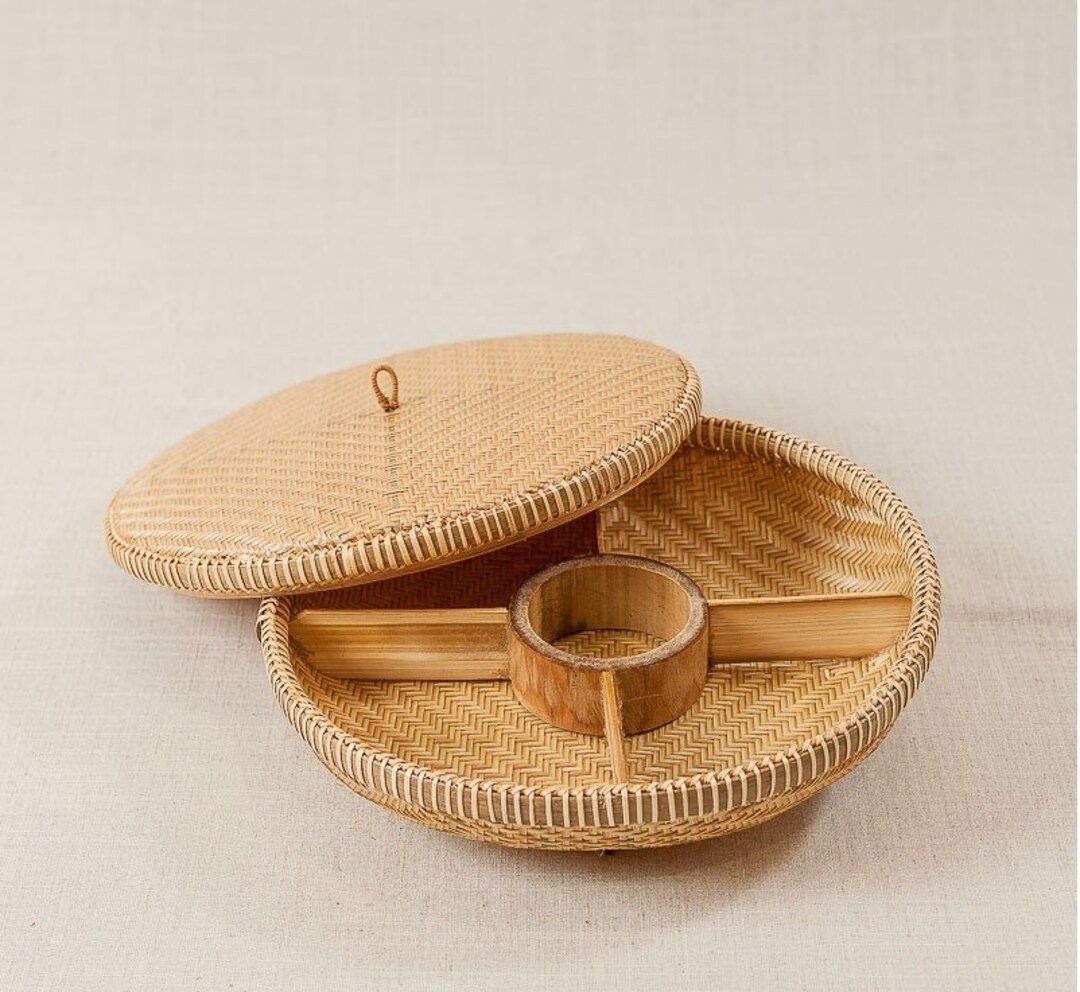 Bamboo Jam Box Divided With Lid 30cm Vietnamese Handmade Bamboo Basket ...