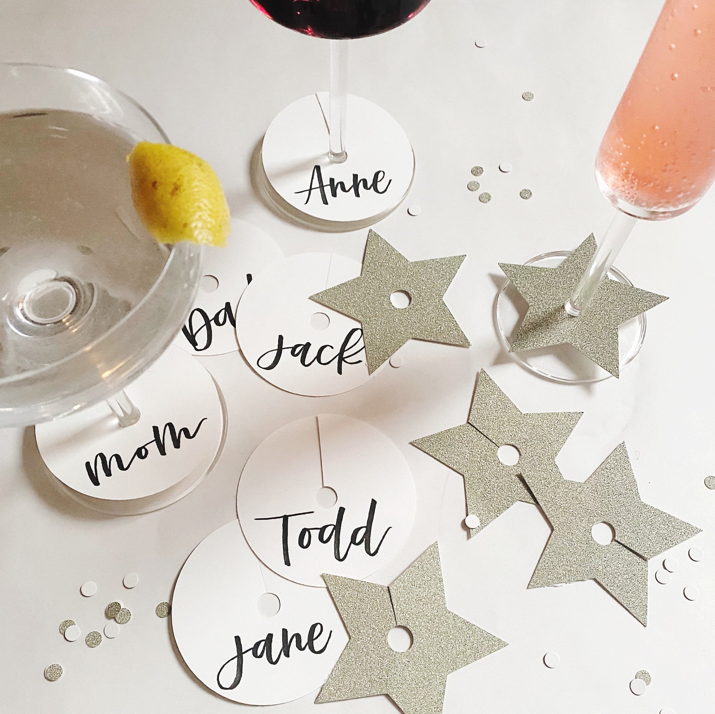 Wine Glass Place Card, Wine Glass Name Tag, Gold Star Place Card ...