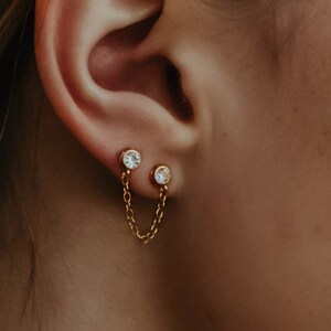 Double Piercing Earring Chain Dainty Chain CZ Double Stud | Etsy