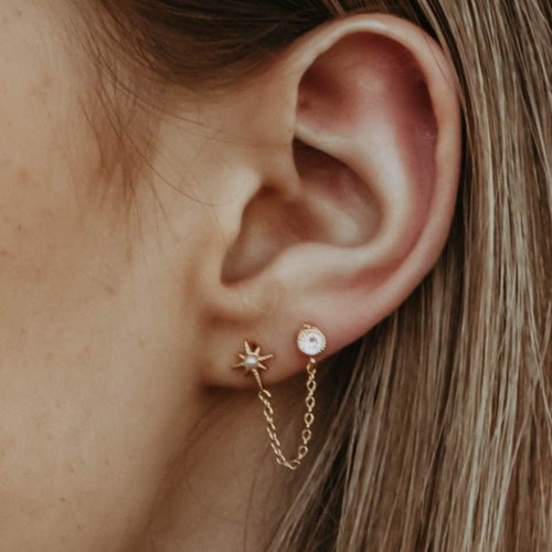 Double Piercing Earring Chain Dainty Chain CZ Double Stud - Etsy